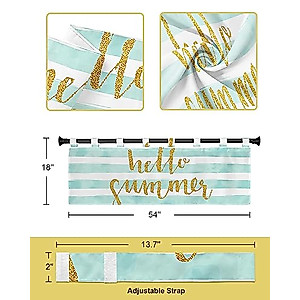 Tab Top Curtain Valance HELLO SUMMER Gold Round Spots on Blue and White Stripes Valance Curtains Light Filtering Rod Pocket Window Treatment Small Valances For Kitchen Cafe Basement, 1 Panel, 54X18In