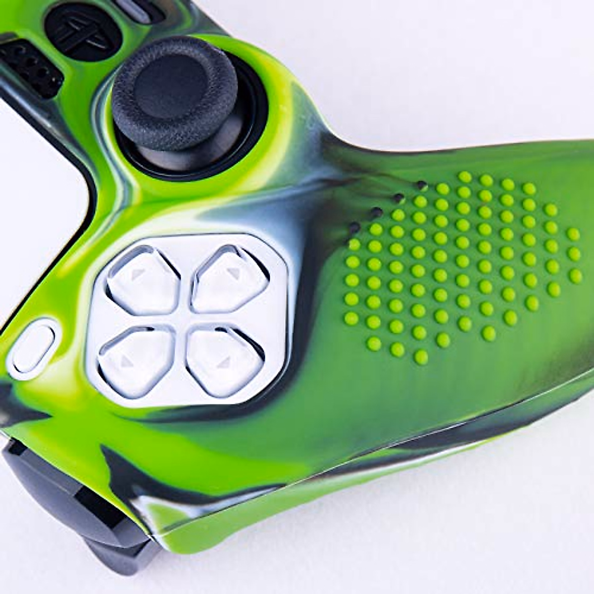 9CDeer 1 Piece of Silicone Studded Dots Protective Sleeve Case Cover Skin + 6 Thumb Grips Analog Caps for PS5 Controller, Camouflage Green