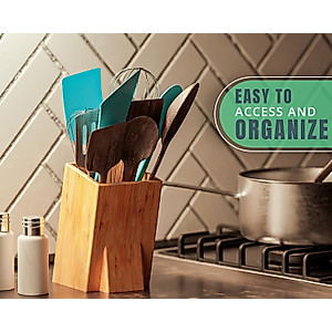 Comfify Bamboo Utensil Holder For Countertop - Large Upright Modern Organizer - Utensil Crock for Kitchen Counter