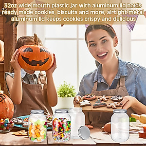 Dandat 12 Pcs 32 oz Clear Plastic Jars with Metal Lids 1 Quart Size Wide Mouth Candy Storage Food Containers for Home Meal Preparation, Salad, Fermenting, Valentine DIY Decoration Favors