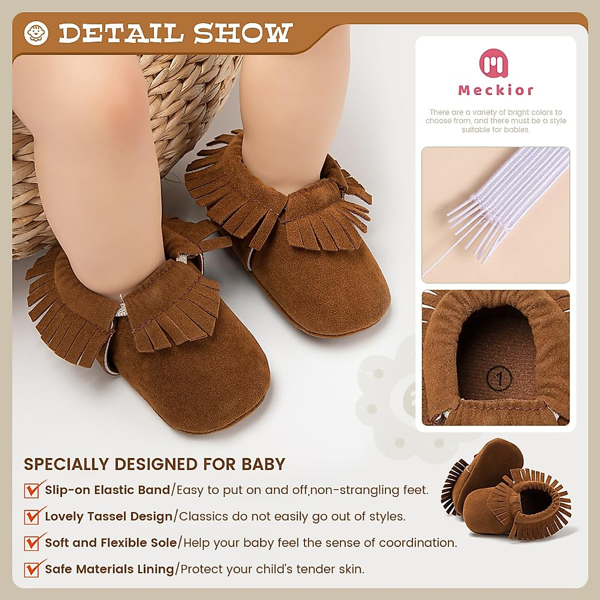 Meckior Infant Baby Girls Boys Premium Soft Sole Tassel Bowknot Moccasins Suede Leather Toddler Prewalker Fringe Anti-Slip Crib Slippers Baptism Loafers Shoes