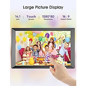 BIGASUO 14.1 Inch Large Digital Picture Frame with 1280x800 IPS HD Touchscreen, Built-in 16GB Storage WiFi Smart Photo Frame, Share Photos and Videos Remotely via APP, Auto-Rotate, Wall- Mountable