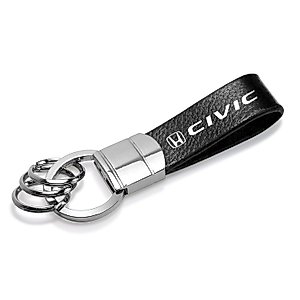 iPick Image Compatible with Honda Civic Black Real Leather Strap Chrome Round Hook Metal Key Chain