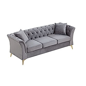 kevinplus 84'' Chesterfield Sofa Couch for Living Room, Modern Velvet 3-Seat Upholstered Sofa Couch for Apartment Bedroom Dorm Office, Strong Gold Metal Legs, 2 Pillows, Grey