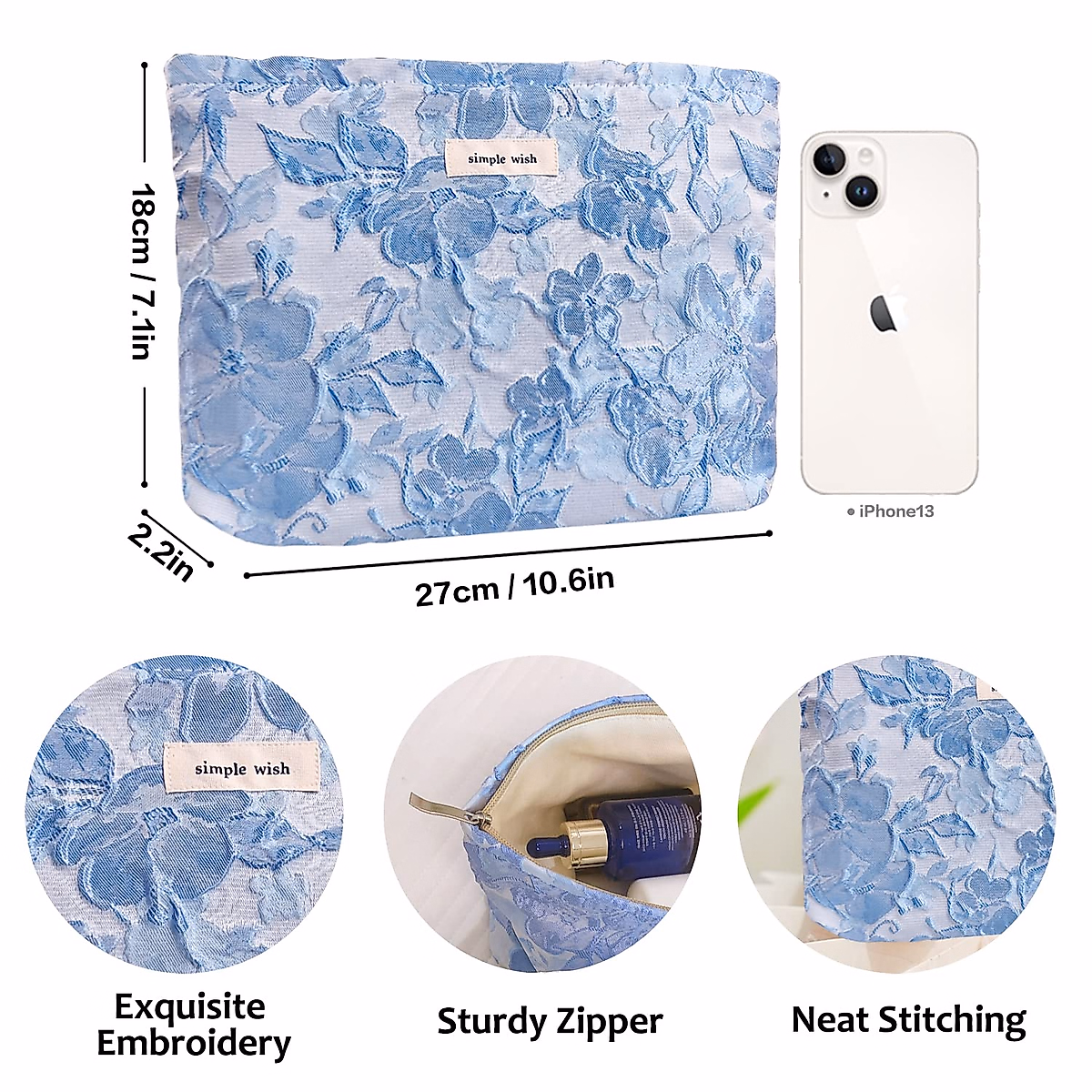 STARDW Aesthetic Floral Makeup Bag Cute Small Cosmetic Bags for Women Girls, Travel Toiletry Bag Large Capacity Zipper Makeup Pouch, Purse Organizer Pouches (Embossed Flowers)