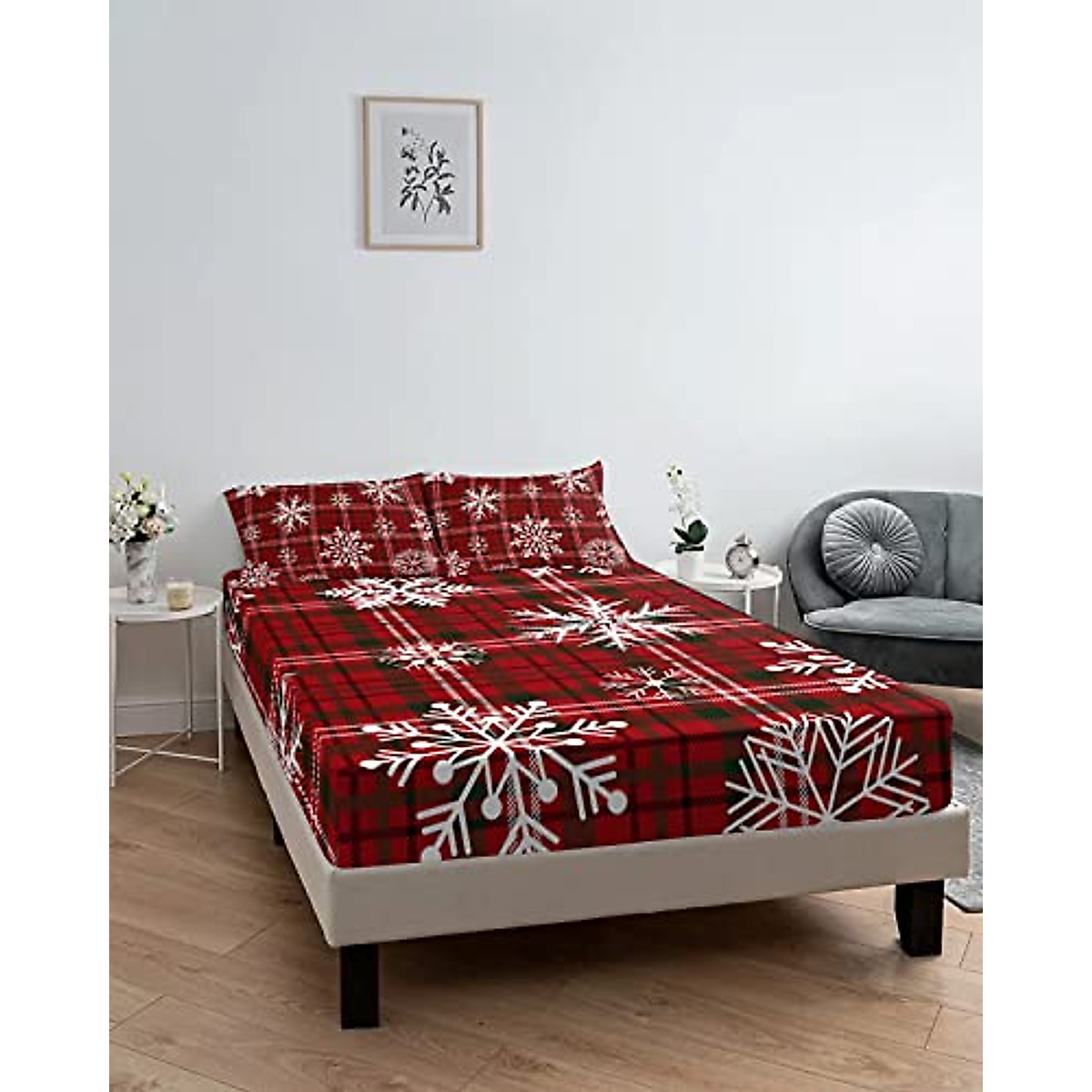 Christmas Fitted Bed Sheet Full Size,Winter Snowflake Soft Bottom Sheet with Pillow Case,Green Red Tartan Plaid Fitted Sheet Bedding Set for Mattress Fit 5"-16" Deep Pockets