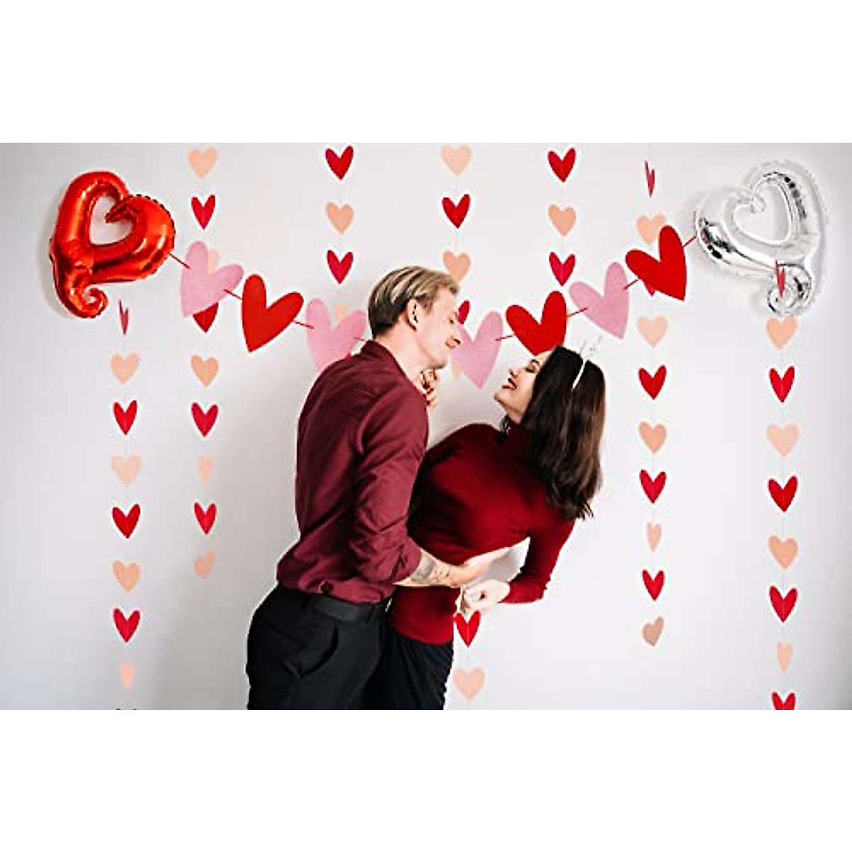 Valentines Day Decor, Heart Garland Love Banner Happy Valentines Day Banner Red Pink Glittery Heart Valentines Decorations Hanging Rustic Valentine Décor for Home Decor for Mantle Fireplace Wall