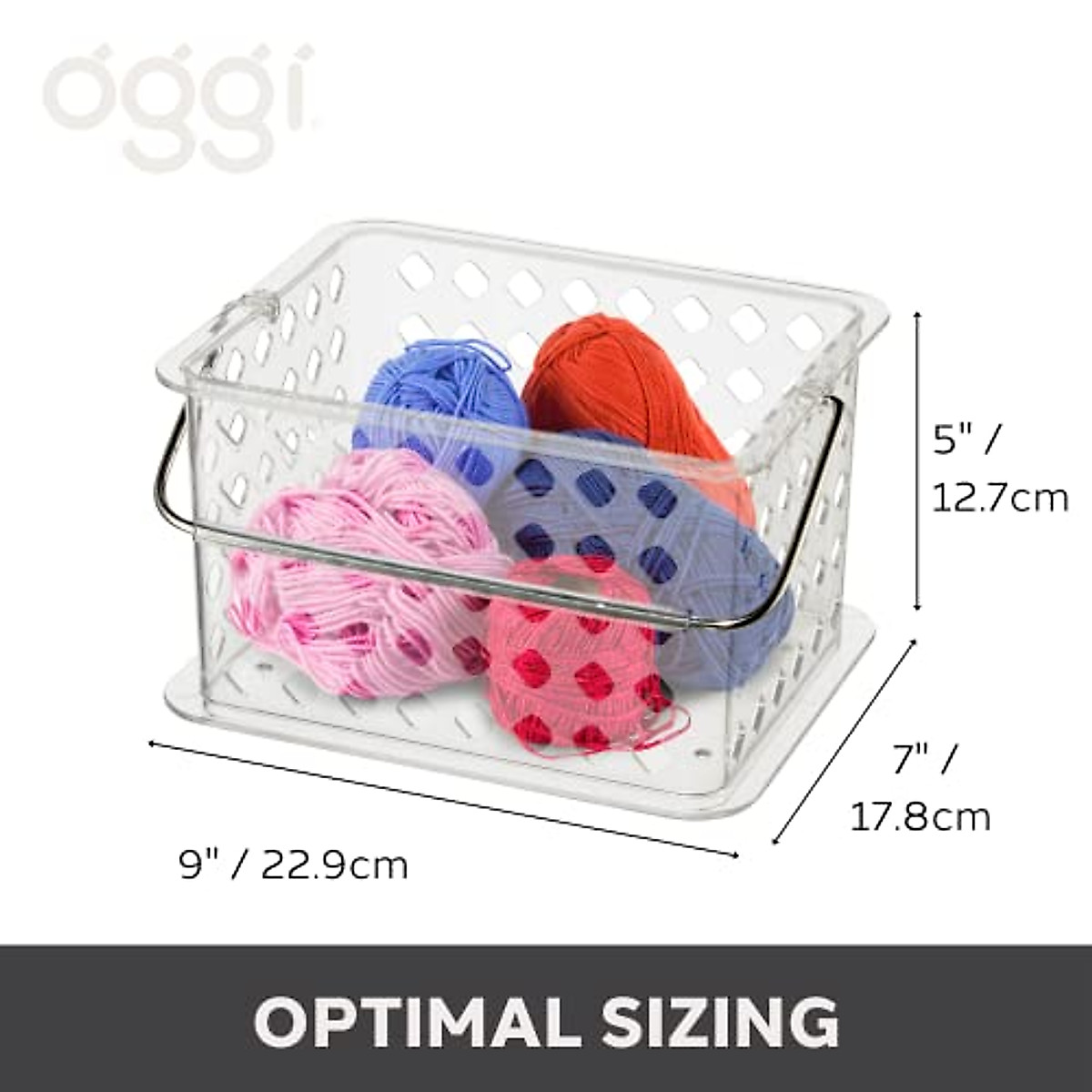 OGGI Clear Stacking Storage Basket with Handle - Plastic Caddy with Handle, Ideal Kitchen Undershelf Basket, Bathroom Storage Bin, Beauty Product Organizer, Cleaning Basket, Makeup Caddy, Size 9x7x5"