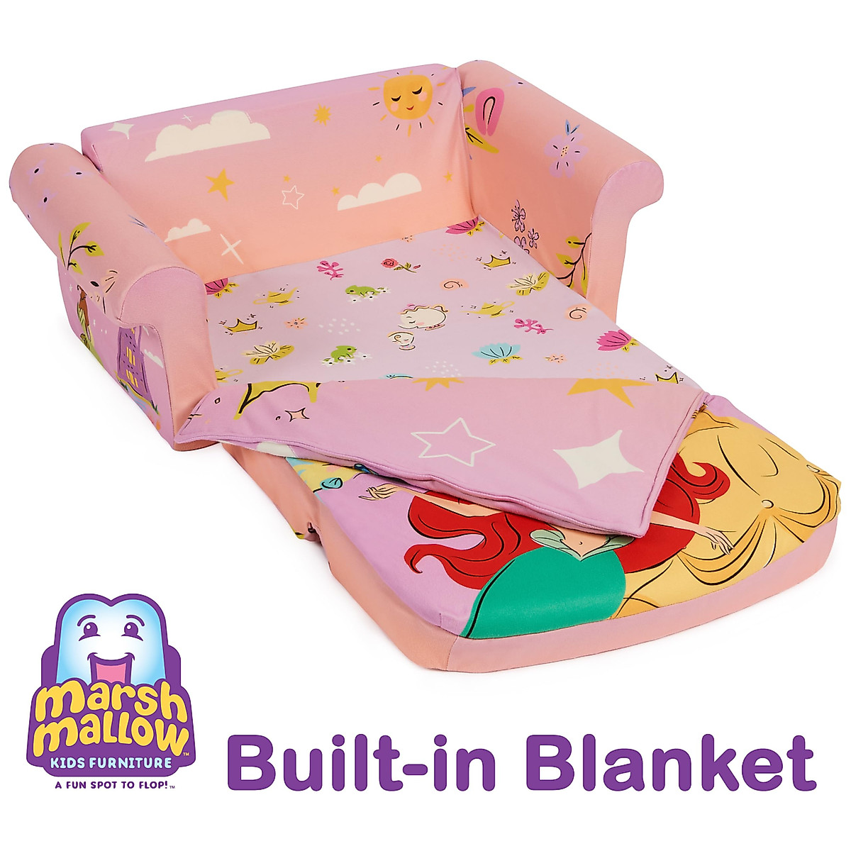 MARSHMALLOW Furniture, Disney Princess 3-in-1 Slumber Sofa, Foam Toddler Nap Mat with Attached Blanket