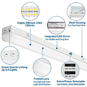 DAKASON 8FT LED Linear Light Fixture, 8 Foot LED Shop Lights 80/70/60W 35/40/5000K CCT Selectable, 8 Feet Commercial Bay Lighting Fluorescent Tube Replacement for Garage Warehouse 4 Pack