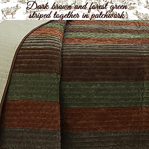 Cozy Line Home Fashions Rhett Dark Brown Sage Green Bold Striped Velvet Reversible Quilt Bedding Set, Coverlet, Bedspread Set (Brown/Sage, Queen - 3 Piece)