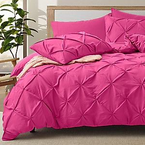 VACVELT 5 Piece Pinch Pleated Duvet Cover Full/Queen Size Set, Hot Pink Pintuck Duvet Cover with Zipper & 8 Ties, Shabby Chic Microfiber Duvet Cover + 2 Pillow Shams + 2 Pillowcases, No Comforter