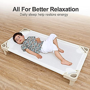 KRAND Kids Stackable Daycare Cot Rest Mat with Easy Lift Corners for Toddler Naptime at Preschool Classroom,Standard 22" W x 52" L (Ivory/Pack of 5, Wheels Included)