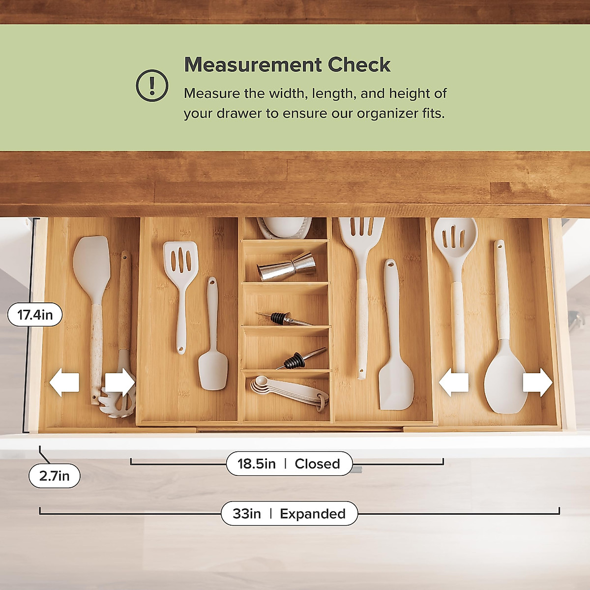 KitchenEdge Adjustable Kitchen Drawer Organizer for Utensils and Junk, Expandable to 33 Inches Wide, 9 Compartments, 100% Bamboo