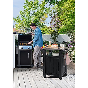 Keter Unity Portable Outdoor Table and Storage Cabinet with Hooks for Grill Accessories-Stainless Steel Top for Patio Kitchen Island or Bar Cart, Dark Grey