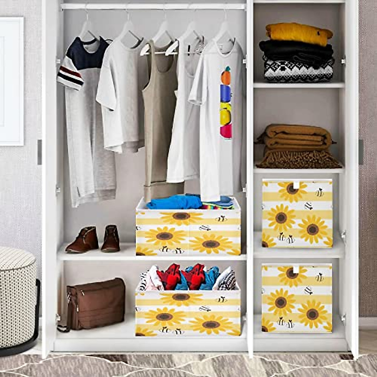 ALAZA Collapsible Storage Cubes Organizer,Sunflower Bee Cartoons White Yellow Stripe Storage Containers Closet Shelf Organizer with Handles for Home Office