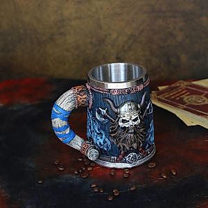 OTARTU Valhalla Viking Stainless Steel Single Handle Horn Skull Beer Stein Cup, Nordic Viking Warrior Skull Mug Tankard 17oz, Halloween Bar Drinkware Men’s Gift