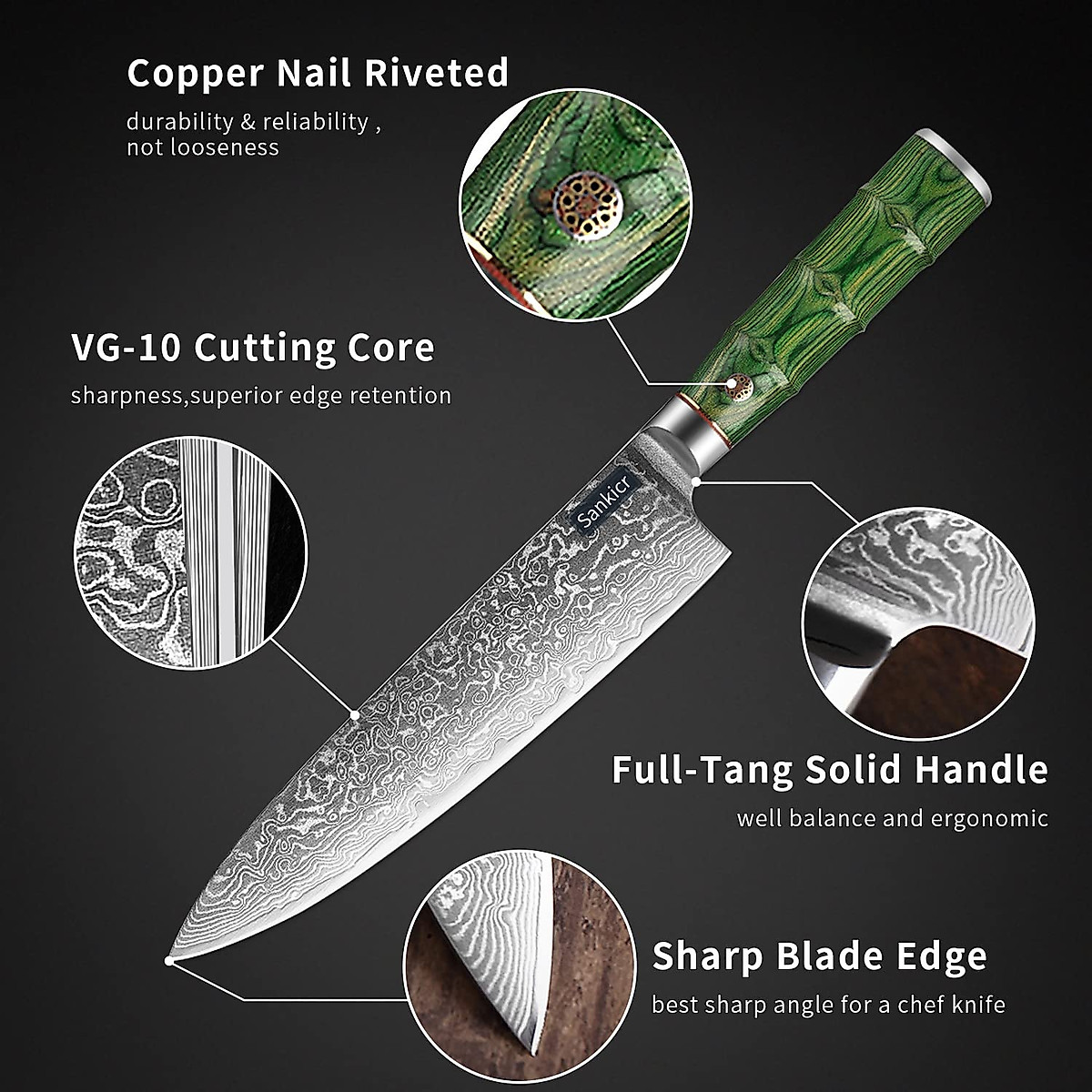 Damascus Chef Knife 8 inch- Razor Sharp Kitchen Knife Made of Damascus VG-10 Steel Special Chef's Knife for the Kitchen, Green Ebony Handle Ergonomic (8.03)…