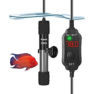 Kulife Fumak 100W Adjustable Aquarium Heater Super Short Submersible Fish Tank Heater Fish Heater with LED Digital Display Thermostat, for Tanks 10-20 Gallons