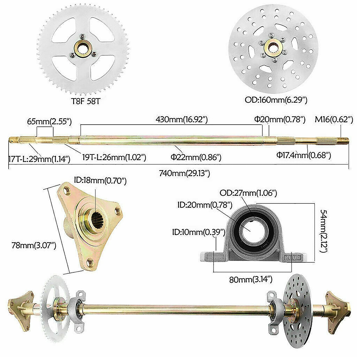 91.SCS 29"Go kart Rear Live Axle +Steering Wheel Tie Rod Rack+ 6" Wheels+Brake Assembly