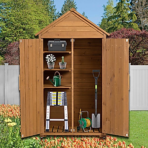 Jaxilyn 5.8ft x 3ft Outdoor Storage Cabinet,Garden Wood Tool Shed, Wood Lean-to Storage Shed Tool Organizer with Waterproof Asphalt Roof, Lockable Doors, 3-Tier Shelves for Backyard,Brown