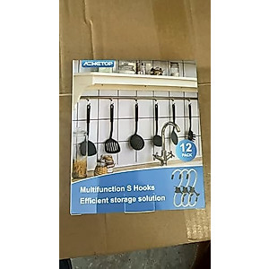 ACMETOP 12 Pack S Hooks for Hanging, S Hooks Stainless Steel with Safety Buckle, Metal Hooks Fitting Diameter up to 1.26 Inch, Heavy Duty for Hanging Pots and Pans, Coffee Cups, Clothes, Plants