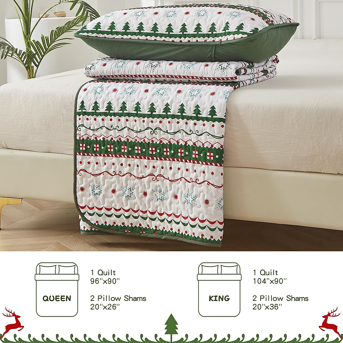 Christmas Quilt Set Queen, 3 Pieces Christmas Bedding Coverlet Queen Size, Green Bedspread with Xmas Tree Pattern New Year Bedroom Decoration for Family Friends