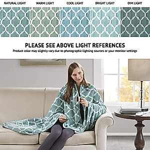 Beautyrest Ogee Printed Plush Electric Blanket for Cold Weather, Fast Heating, Auto Shut Off, Virtually Zero EMF, Multi Heat Setting, UL Certified, Machine Washable, Aqua Oversized Throw 60x70