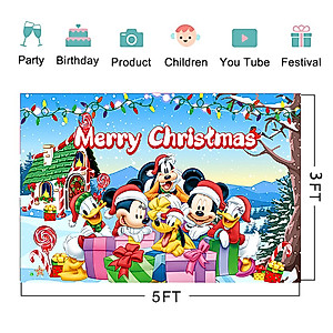 Merry Christmas Backdrop for Mickey Mouse Christmas Party Decorations Christmas House Background for Party Cake Table Decorations Xmas Theme Banner 5x3ft