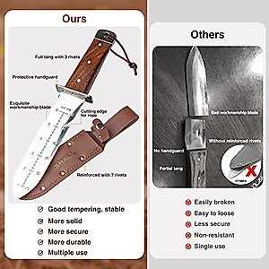 SHALL Hori Hori Garden Knife, Rosewood Handle Gardening Tool with Leather Sheath & Hide Rope, 7” Stainless Steel Blade with Cutting Edge for Rope, Full-Tang, for Digging, Weeding, Planting
