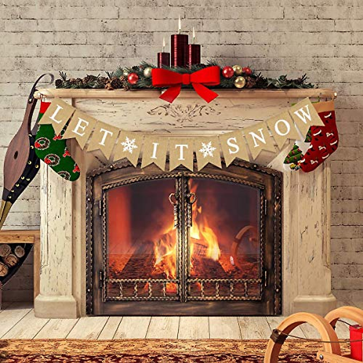 Rainlemon Jute Burlap Let It Snow Banner with Snowflake Winter Christmas Party Fireplace Mantel Garland Decoration