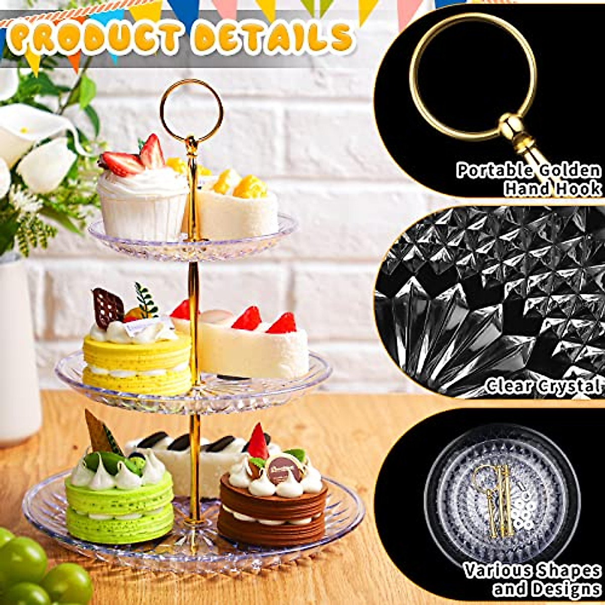 14 Pieces Tiered Cupcake Stand Set Gold 2-Tier 3-Tier Serving Stand Tower Tray with Round Rectangle Food Serving Trays Long Slim Dessert Stand for Party Baby Shower Wedding (Crystal Style)