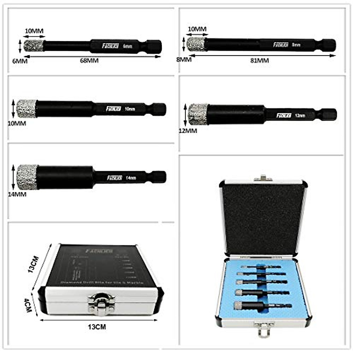FACHLICH Diamond Drill Bits Kit with Hex Shank 6/8/10/12/14mm for Tile Ceramic Granite Marble Concrete