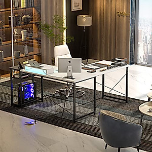 Cyclysio L Shaped Desk with Power Outlets and USB Ports, Reversible L Shaped Gaming Computer Desk with LED Light, 83.5'' Large 2 Person Desk with Monitor Stand, L-Shaped Corner Desk, White and Black