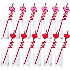 12pcs Valentine Reusable Straws Valentine's Day Plastic Straws Long Red Drinking Straws Heart Valentine's Day Party Straws for Valentine Wedding Party(Red, 12)