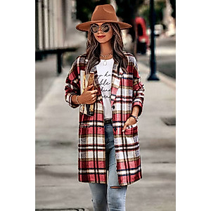 PRETTYGARDEN Women's Plaid Shacket Jacket Trendy Casual Button Wool Blend Winter Tartan Trench Coat with Pockets (Red,Large)