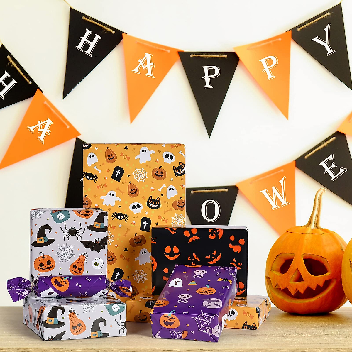 PlandRichW Halloween Wrapping Paper 12 Sheets Folded for Boys Girls Kids Man Women,Pumpkin Spooky Witch Hat Bat Halloween Decorations,Holiday,Party,Baby Shower Present Packing Each 20" X 29"