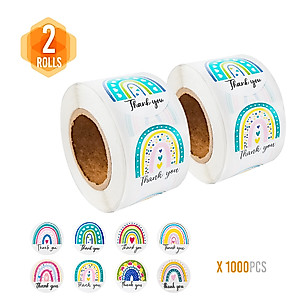 2Rolls-1000PCS 1.5" Rainbow Patterned Thank You Stickers | 8 Different Design Thank You Designs for Business Packaging, Thank You Labels for Gifts Bags, Boxes and Envelope Sealing (Rainbow)