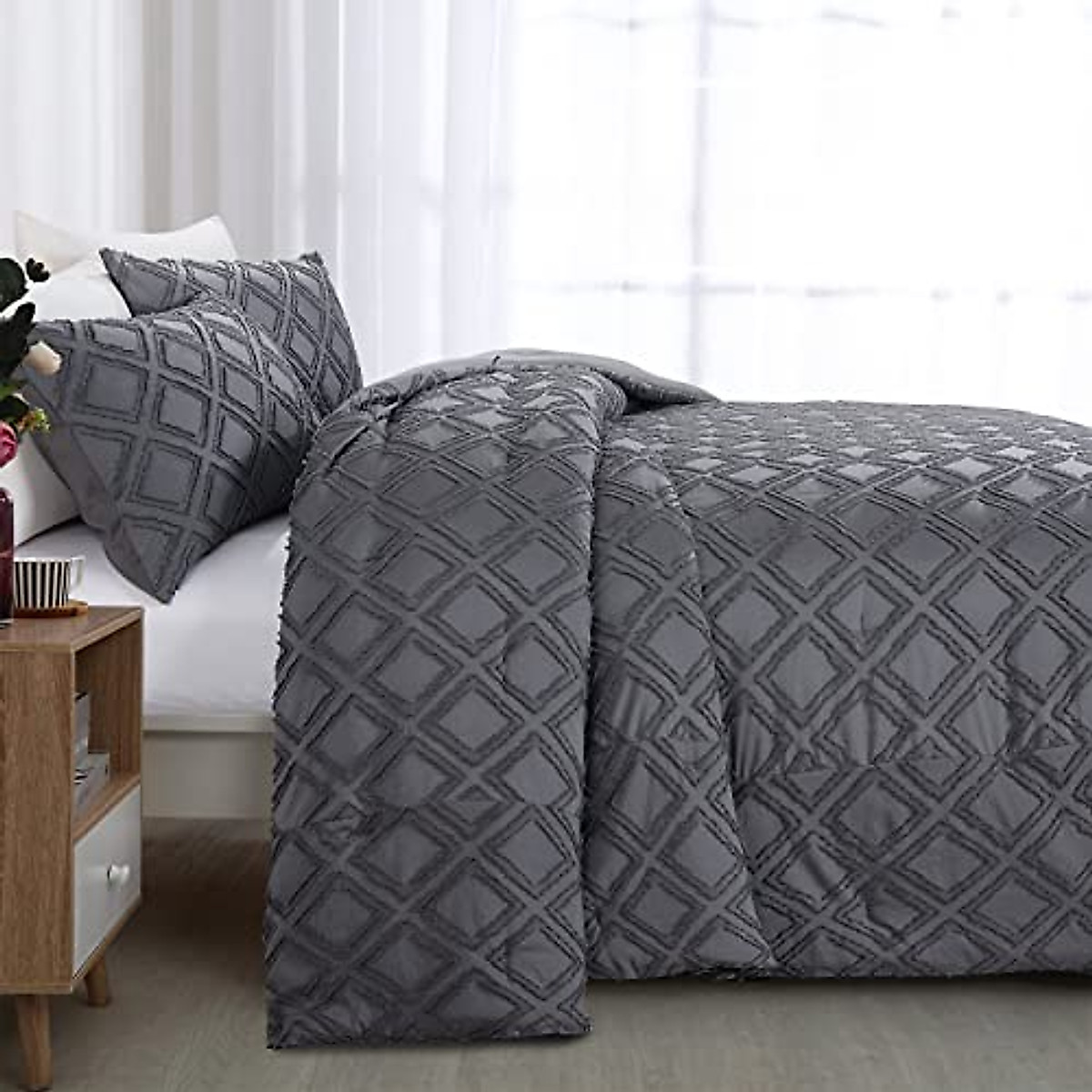 HOMBYS Boho Comforter Set California King Size, 108x98 Tufted Jacquard Geometry Bedding Comforter for King Bed, Shabby Chic Bed Sets with 2 Matching Pillow Cases,Grey