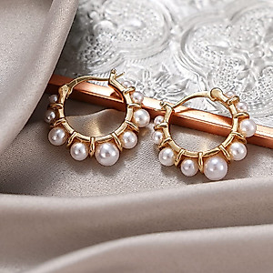 Pearl Gold Hoop Earrings for Women, 14K Plated Gold Hoop Earrings Lightweight Faux Pearl Earrings Dainty Beaded Hoops for Girls