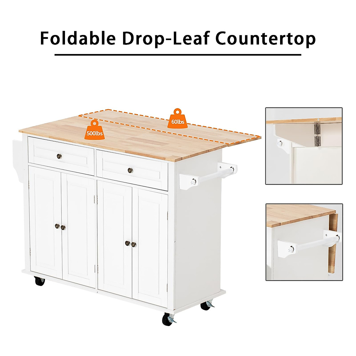 Kitchen Island Cart with Drop Leaf, Rolling Mobile Kitchen Island Table on Wheels with Storage Cabinet, Drawer, Spice/Towel Rack, White