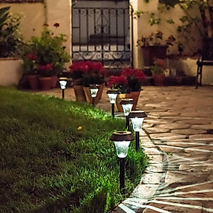 Enchanted Spaces Silver Solar Path Light, Set of 6, with Glass Lens, Metal Ground Stake, and Extra-Bright LED for Lawn, Patio, Yard, Walkway, Driveway