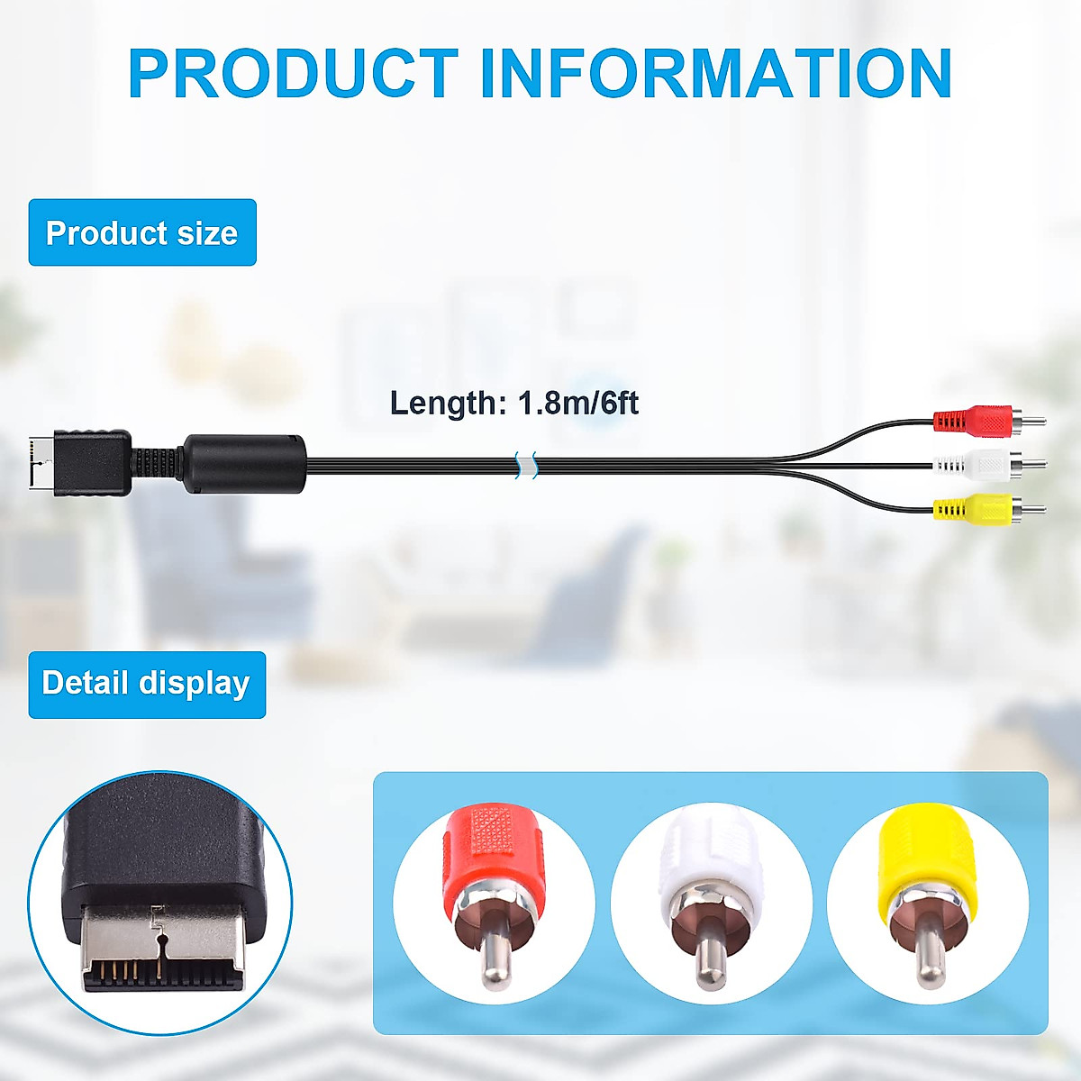PS2 PS3 AV Cable Cord, AV to RCA Composite Audio Video TV Cord AV Out Cable Compatible with PlayStation 2 3 /PS2/PSX/PS3 Slim (2Pack,6FT)