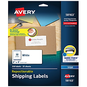 Avery Repositionable Printable Shipping Labels with Sure Feed, 2" x 4", White, 250 Blank Mailing Labels (58163)