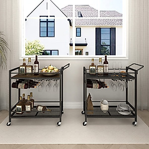 LAATOOREE Bar Cart, Two-Color Home Bar Serving Cart, Mobile Drink Beverage Cart with 2 Storage Shelves, Rolling Kitchen Cart with Wine and Glass Holder, for Dinning Room, Living Room, Kitchen
