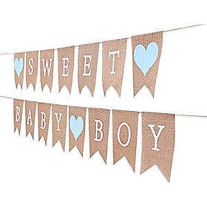 Sweet Baby Boy Burlap Banner - Sweet Baby Boy Shower Decorations, Rustic Baby Shower Decorations, Photo Decoration Props (Sweet Baby Boy Blue)