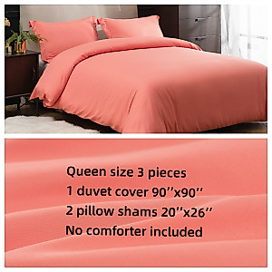 Mohap Duvet Cover 3 Piece Set Soft All Season Warm Luxury Brushed Microfiber 1800 Comforter Cover with 2 Matching Shams Queen Coral