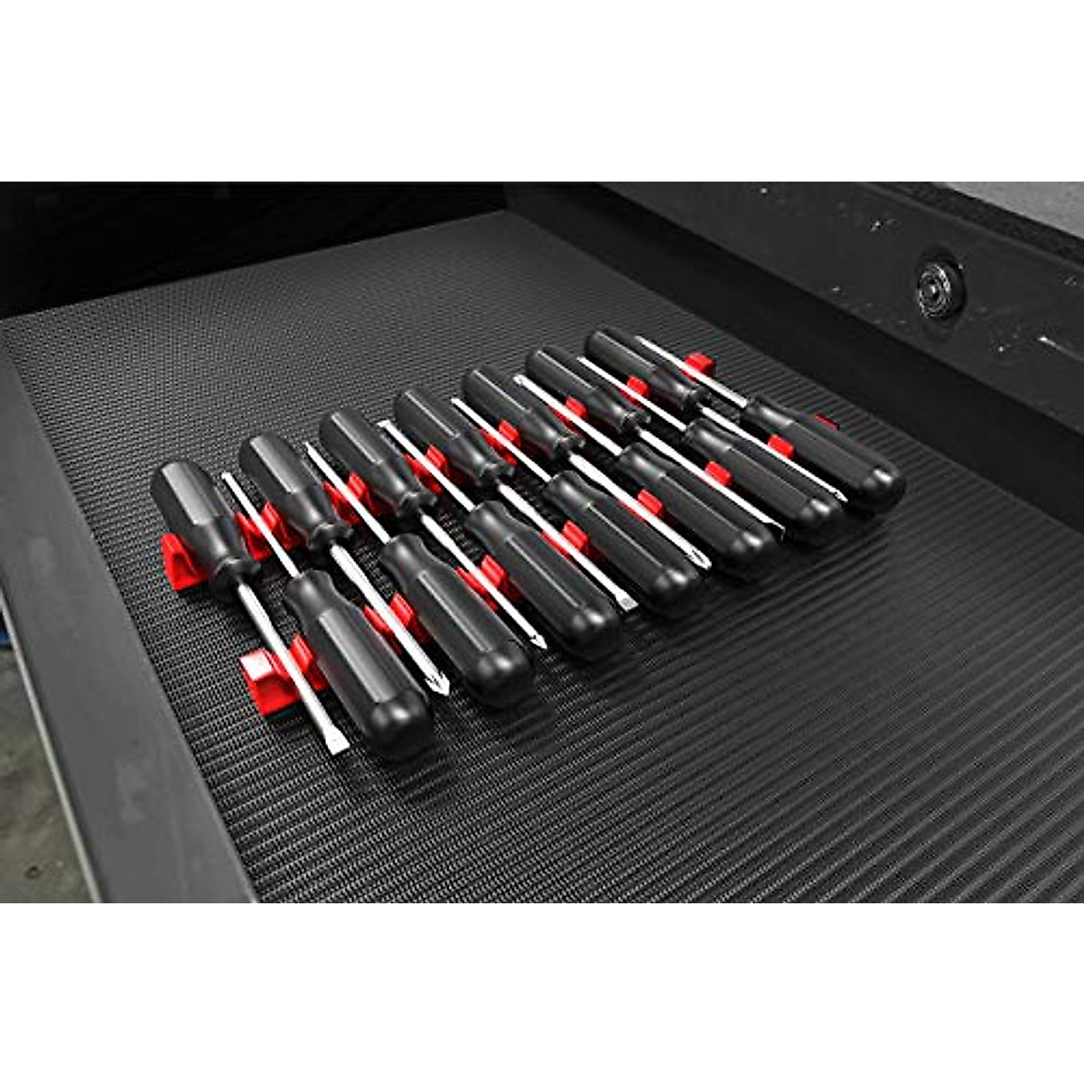 Screwdriver Organizer for Tool Boxes by Olsa Tools | Heavy Duty Low Profile Screwdriver Holder Rail Rack Set For Toolbox Drawers | Holds Up To 14 Screwdrivers | Great for Tool Storage Organization