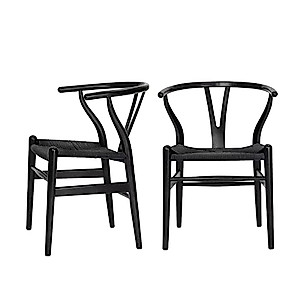 Polynices Wishbone Chair, Weave Modern Solid Wood Mid-Century Y Shaped Backrest Dining Chair (Black Set of 2)