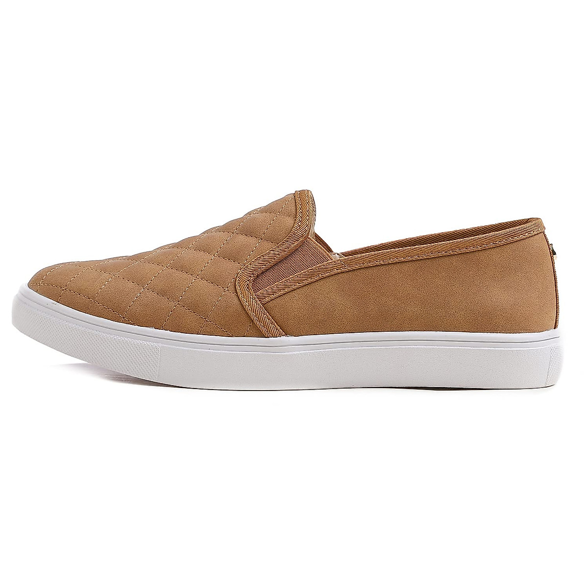 FEVERSOLE Women's Casual Slip On Sneaker Comfort Quilted Loafer Flats Camel Vegan Leather Quilted Size 8.5 M US